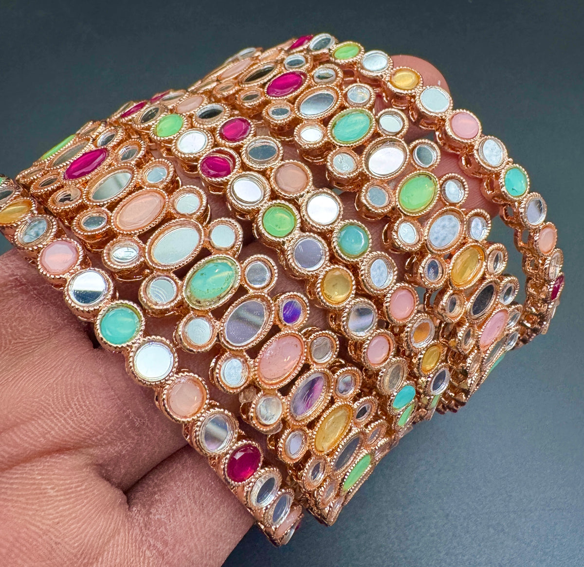 Rosegold with multi color mirror work bangles set (price per pack ...