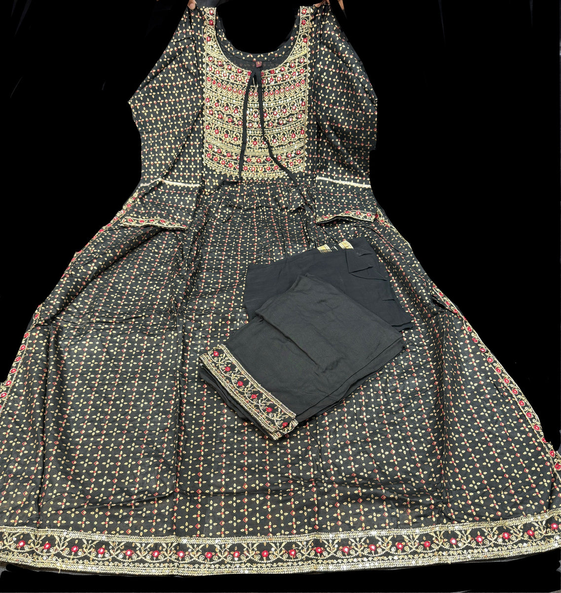 Black color Rayon based embroidery work kurti with pants & dupatta ...