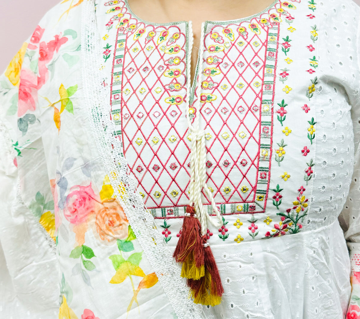White color cotton based chikankari work with floral embroidery work A ...