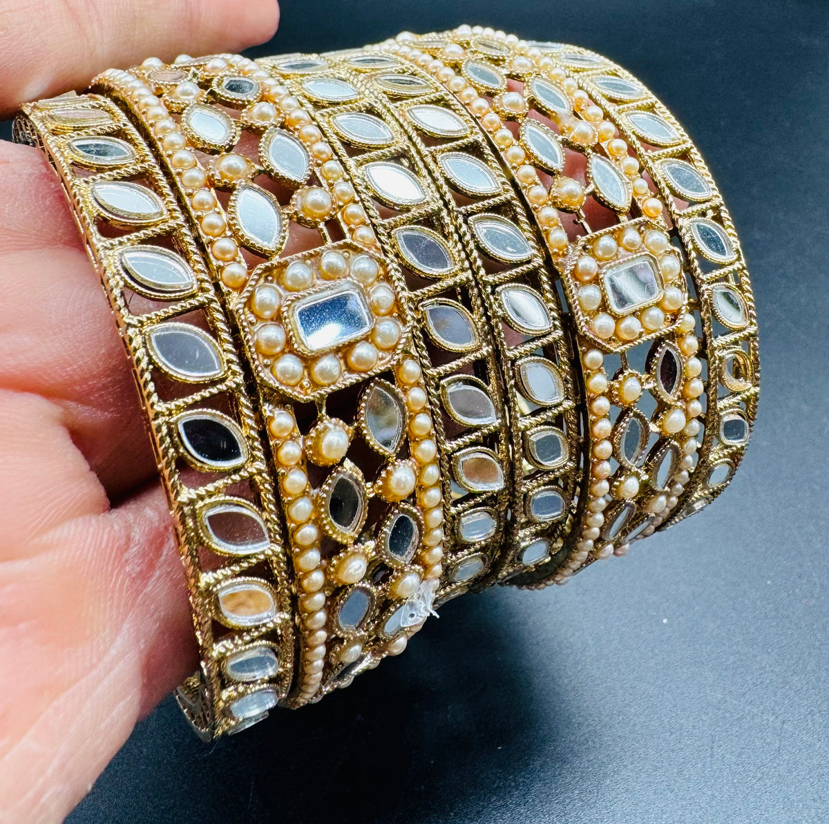 Mirrors and pearl work golden base beautiful bangles kade set– Saheli ...