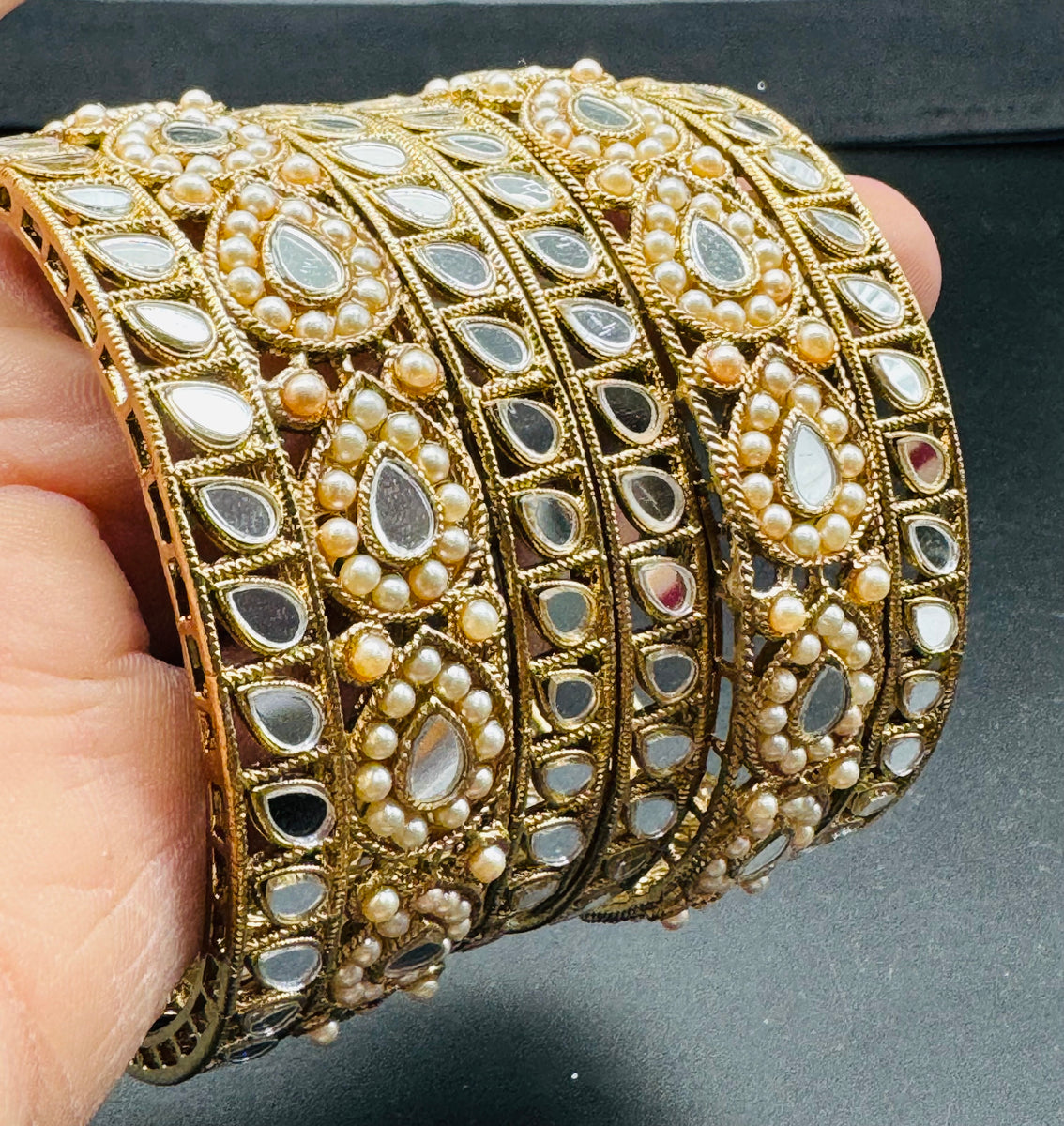 Mirrors and pearl work golden base beautiful bangles kade set– Saheli ...