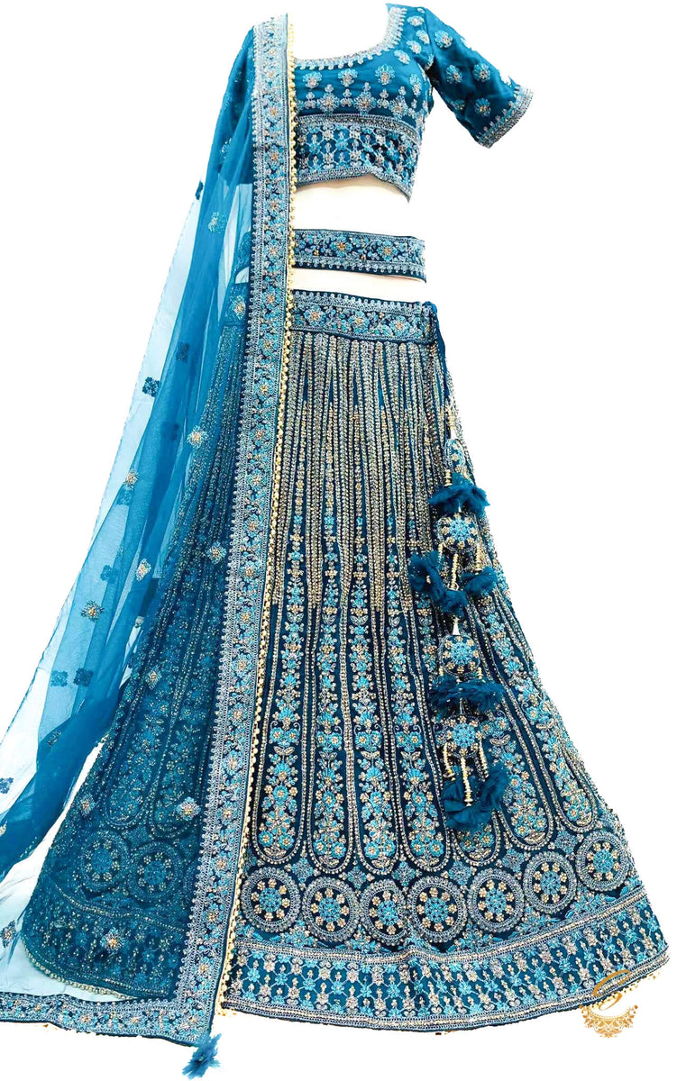 Teal Blue colour netting based beautiful embroidery work with golden f ...