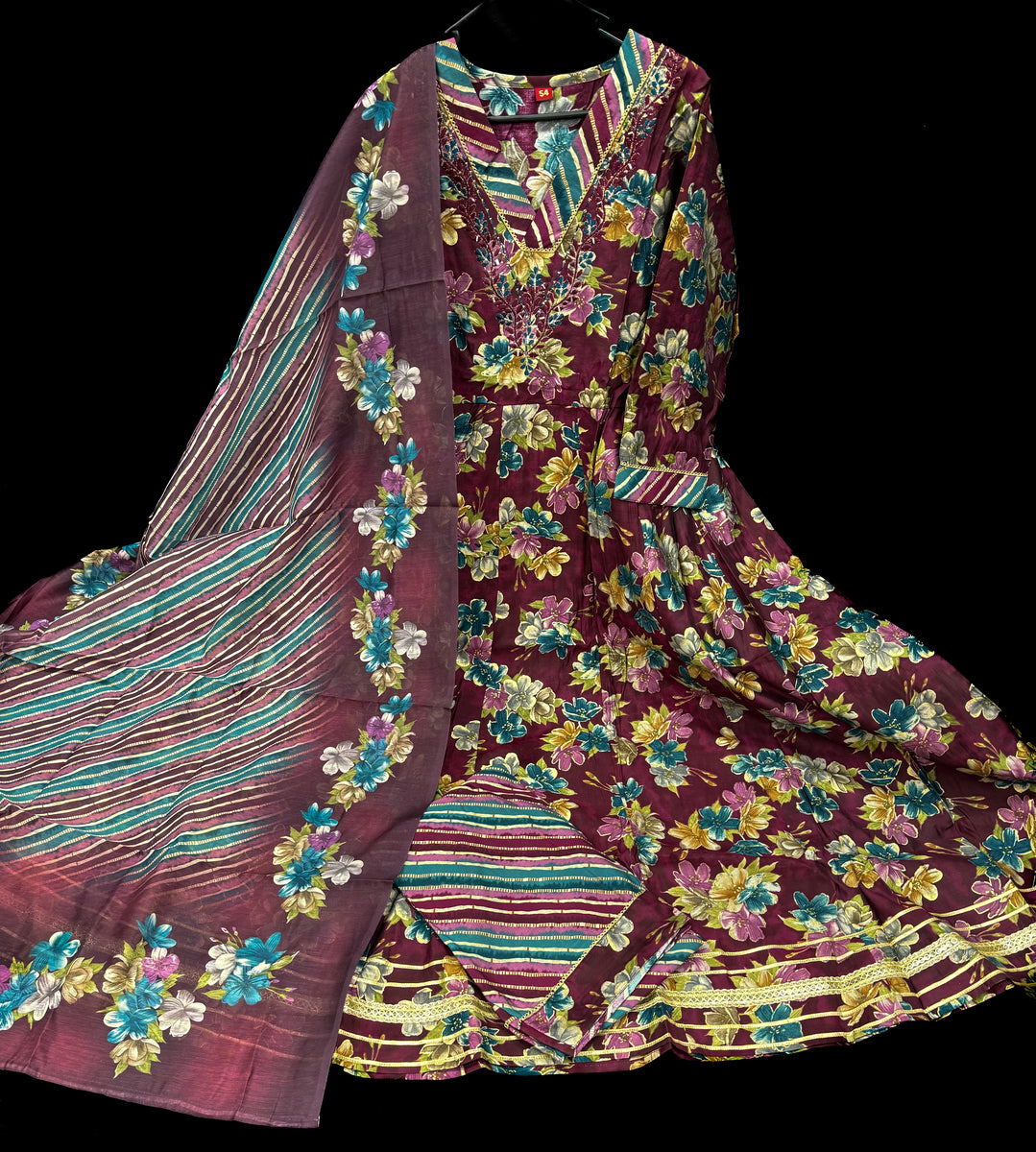 Wine color Pure Rayon based embroidery work on neck design with printe ...