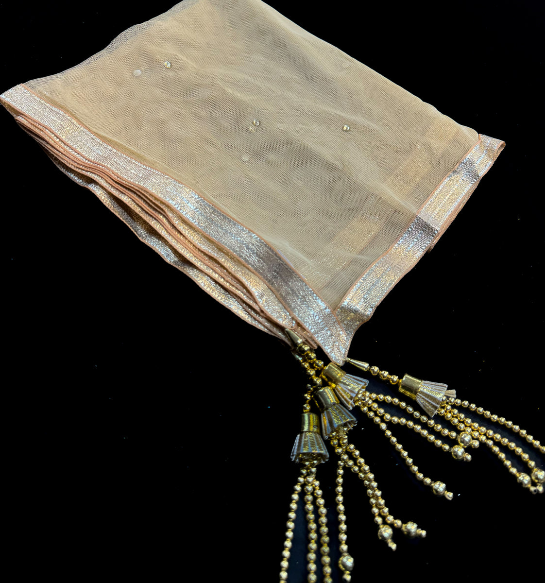 Golden color Netting based stone work design with tessels & lace work ...