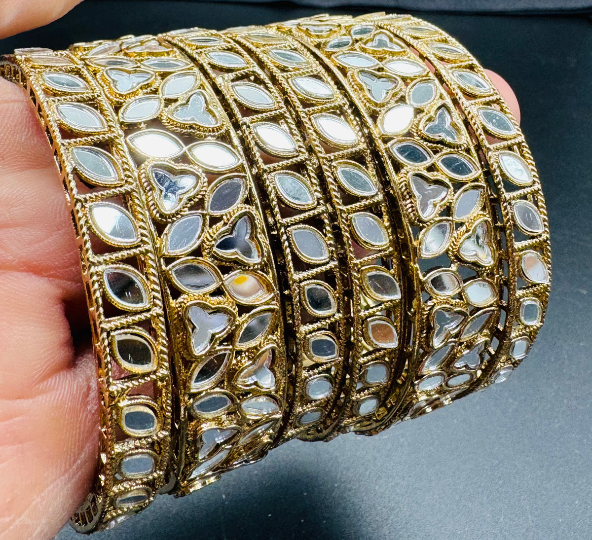 Mirrors and pearl work golden base beautiful bangles kade set– Saheli ...