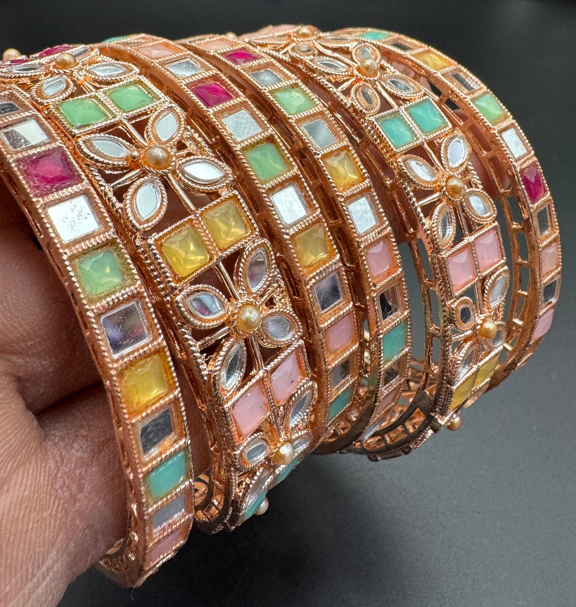 Rosegold with multi color mirror work bangles set (price per pack ...