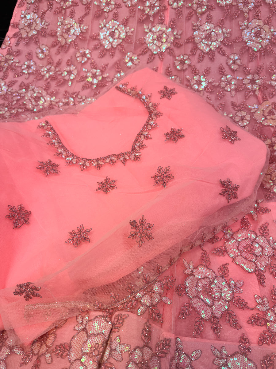 Neon Peach color Netting based embroidery work multiflared beautiful l ...