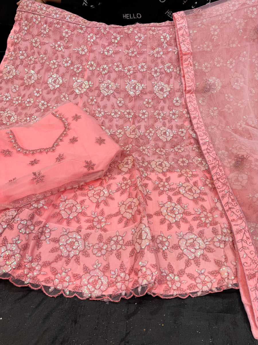 Neon Peach color Netting based embroidery work multiflared beautiful l ...