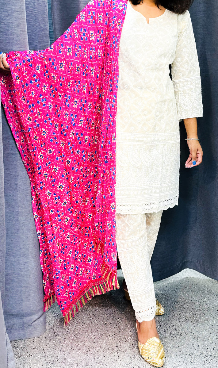 Cream color Pure cotton based Chikankari work with sequinned design ku ...