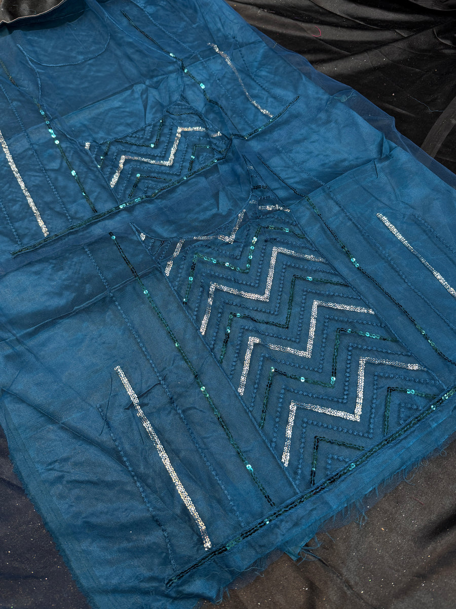 Peacock Blue color Netting based full of sequined work multiflared bea ...