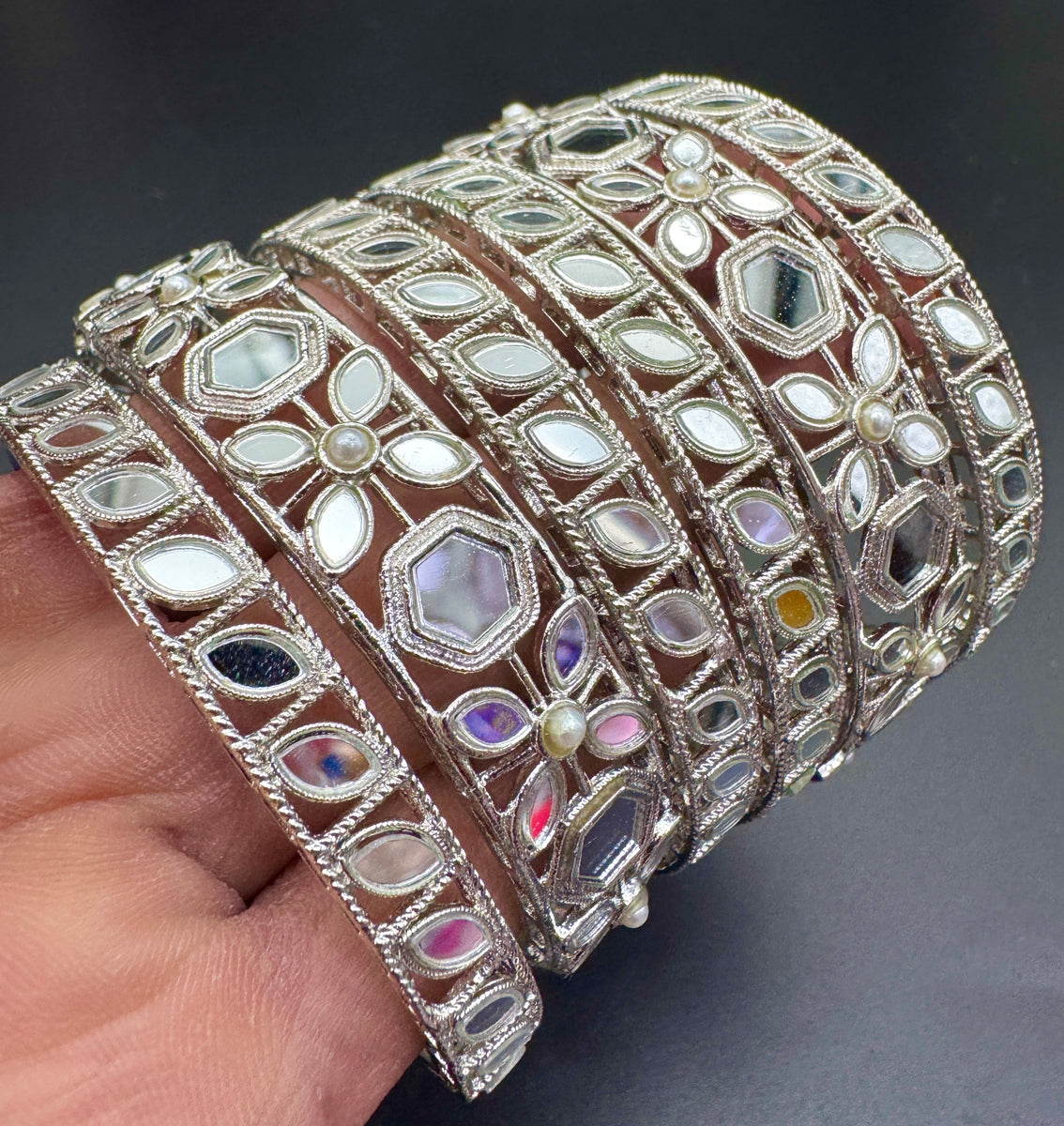 Silver colour Mirror work bangles set (price per pack)– Saheli Ethnic ...