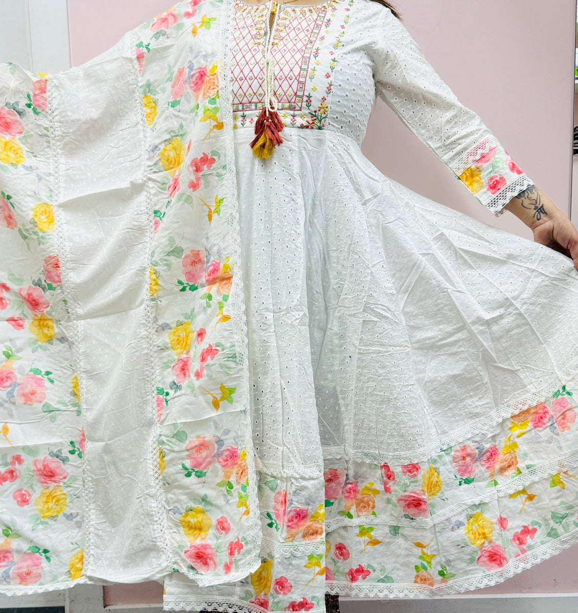 White color cotton based chikankari work with floral embroidery work A ...