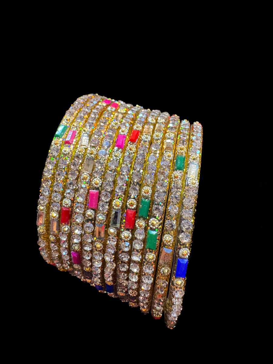 Golden Multi color with stone work beautiful Glass Bangles (1 Dozen in ...
