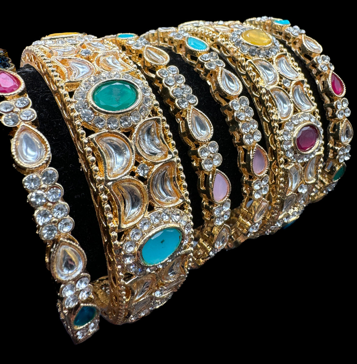 Kundan and multicolored stones work gold color bangles set (price per ...