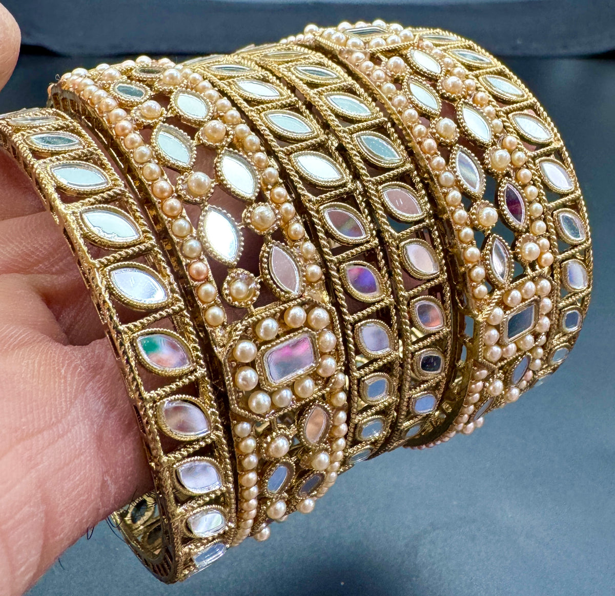Golden colour Mirror & pearls work bangles set (price per pack)– Saheli ...
