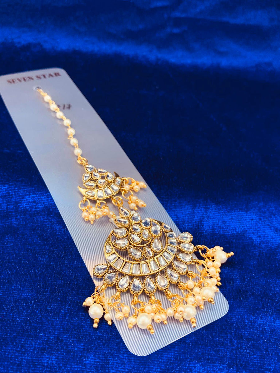 Golden Tikka With Kundan Stone And White Pearls– Saheli Ethnic Indian Wear