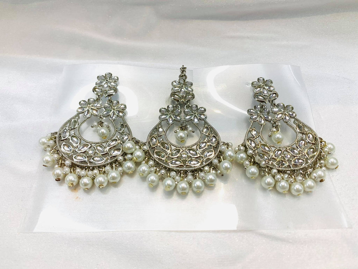 Silver stone and pearls earring & tikka set– Saheli Ethnic Indian Wear