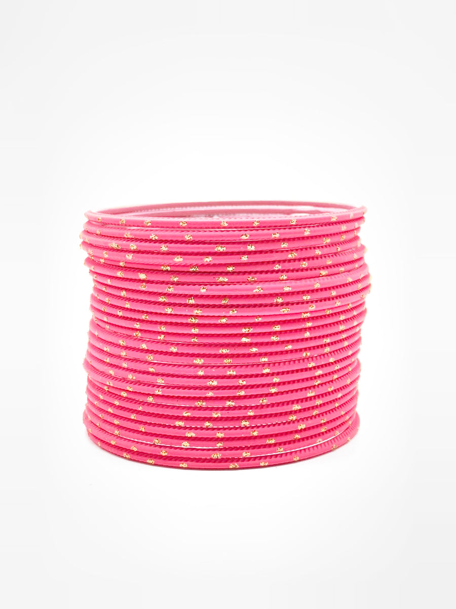 Neon Pink colour mat look golden dotted metal bangles 2 dozen in 1 Set ...