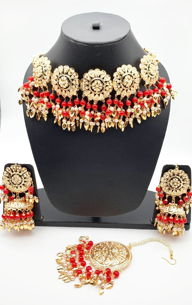 Red Pearls Jadau Pipal Patti Punjabi Set With Jhumka & Tikka– Saheli ...