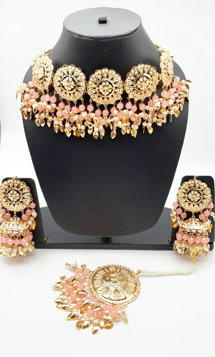 Pastel pink Pearls Jadau Pipal Patti Punjabi Set With Jhumka & Tikka ...