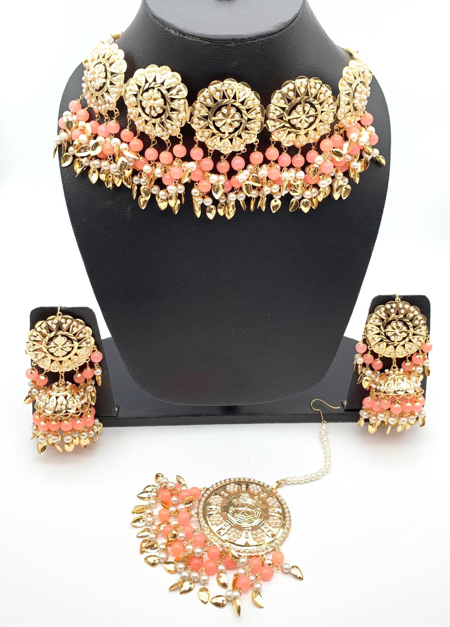 Peach Pearls Jadau Pipal Patti Punjabi Set With Jhumka & Tikka– Saheli ...