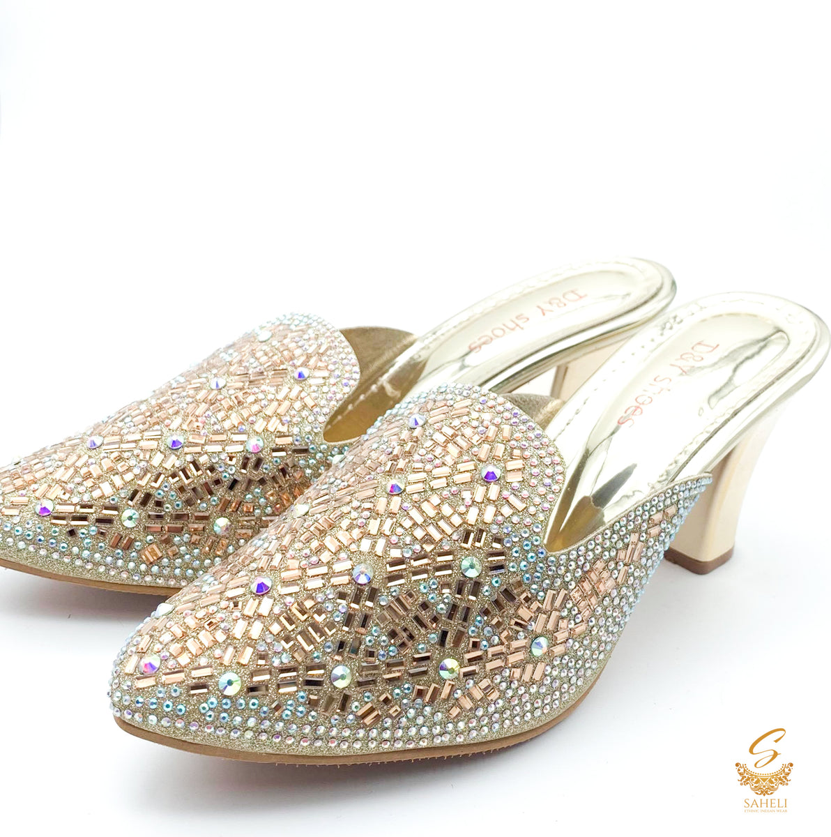 Golden shiny medium heel with stone work– Saheli Ethnic Indian Wear