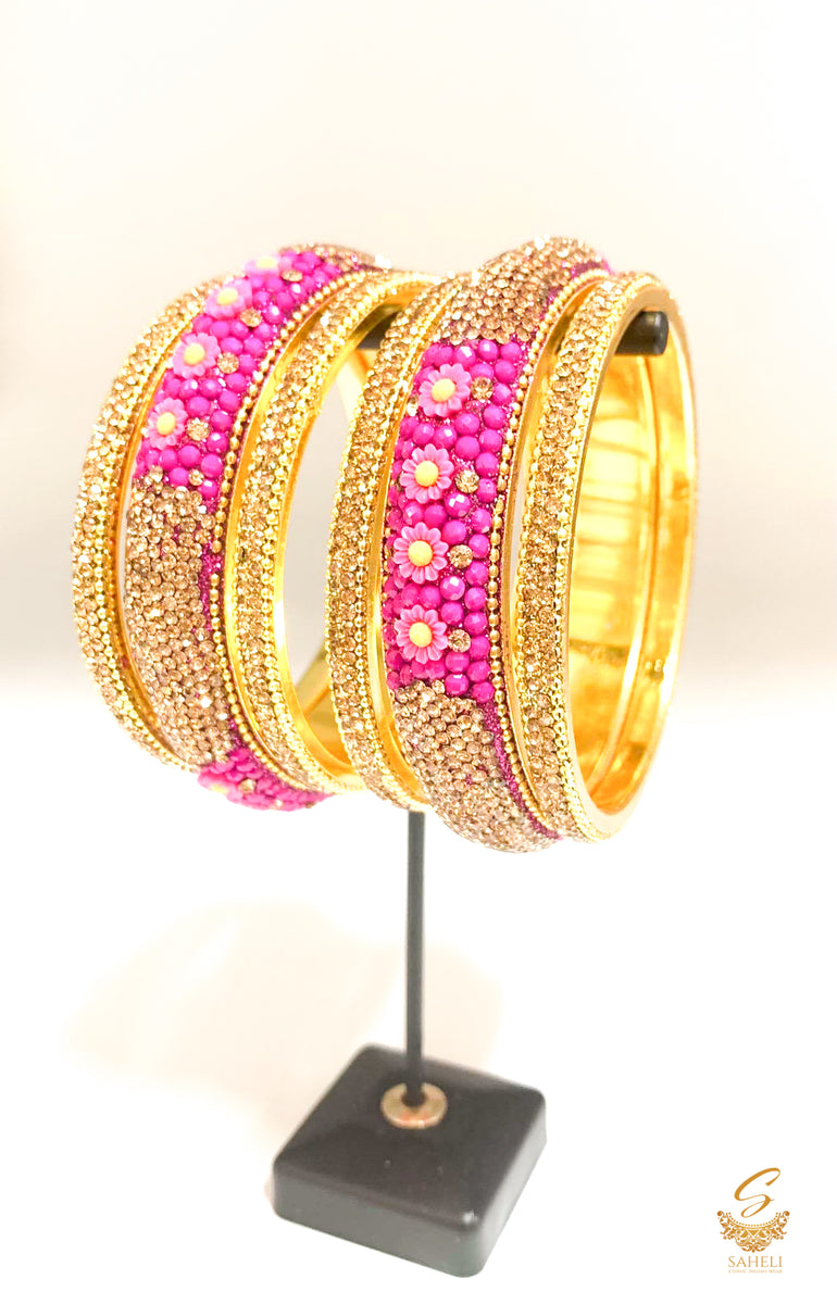 Hot pink and golden colour brass bangles set– Saheli Ethnic Indian Wear