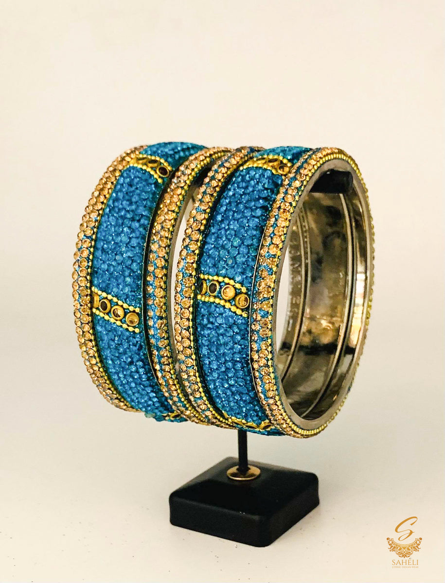 Firozi and golden Stone Brass Bangles Set– Saheli Ethnic Indian Wear