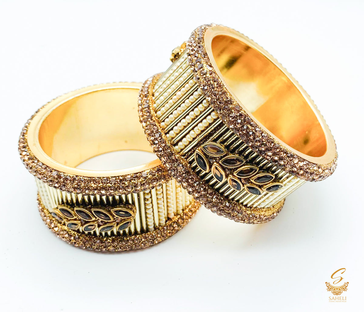 Beautiful pearls and stone work brass kade set– Saheli Ethnic Indian Wear