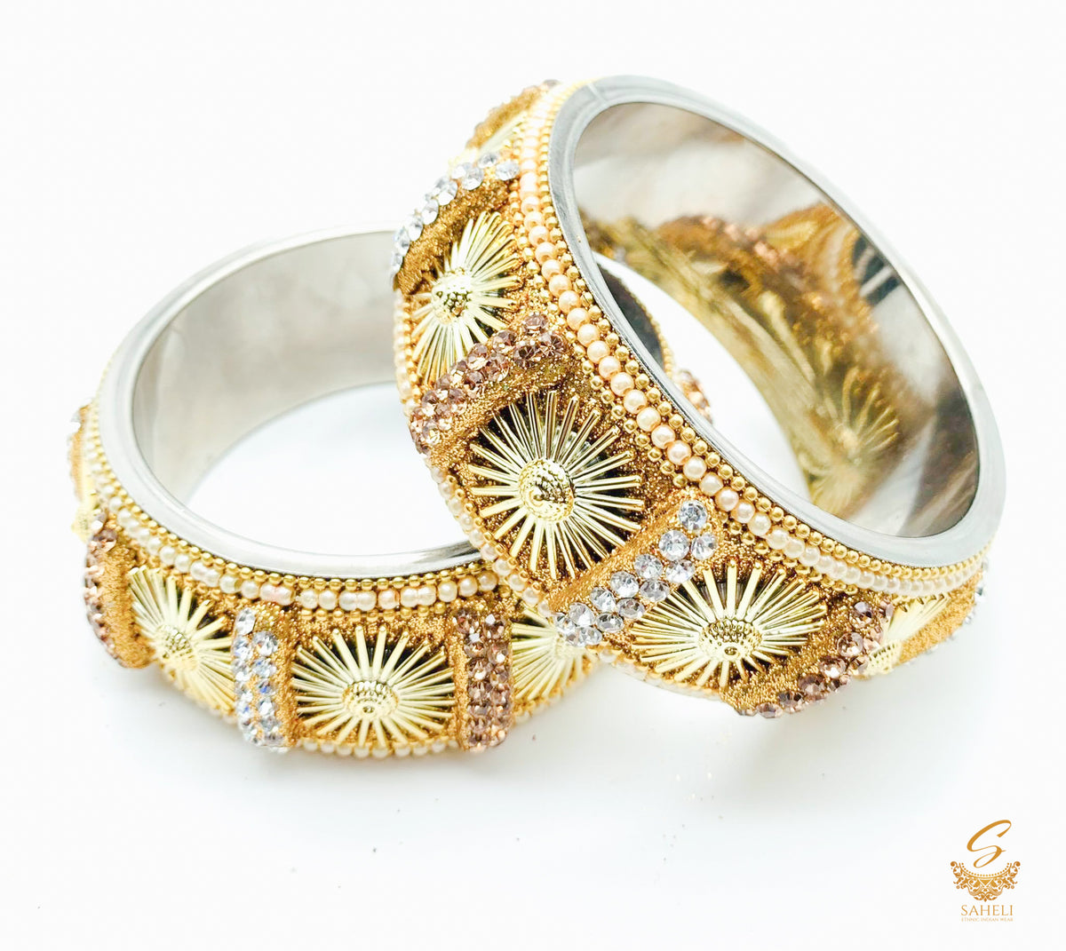 Beautiful pearls and stone work brass kade set– Saheli Ethnic Indian Wear