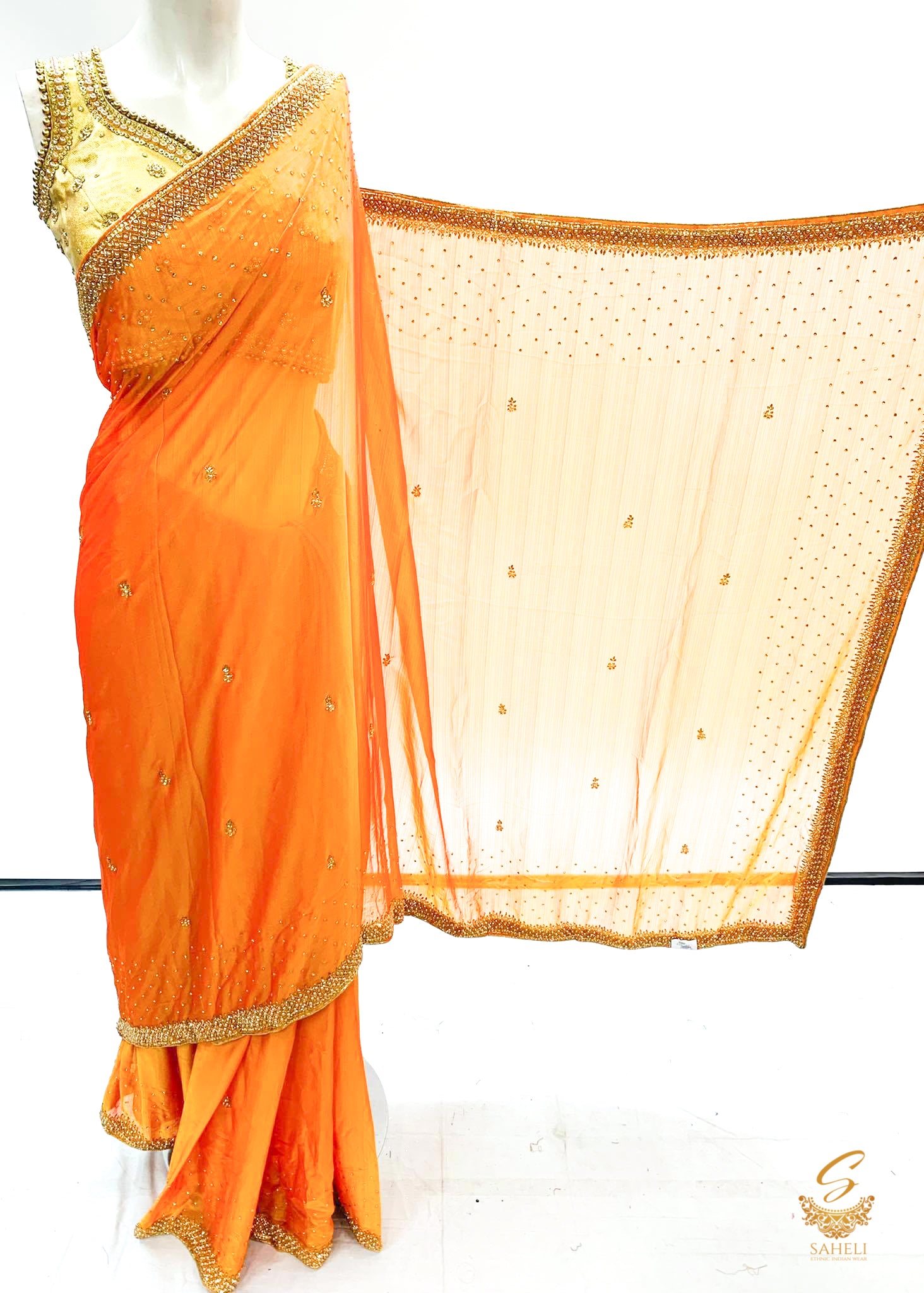 orange Colour Handwork All Over On Soft Faux Shimmer Georgette Beautif ...