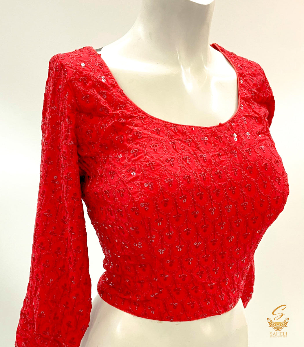 Red colour rayon based soft fabric with lakhnavi work with sequence de ...