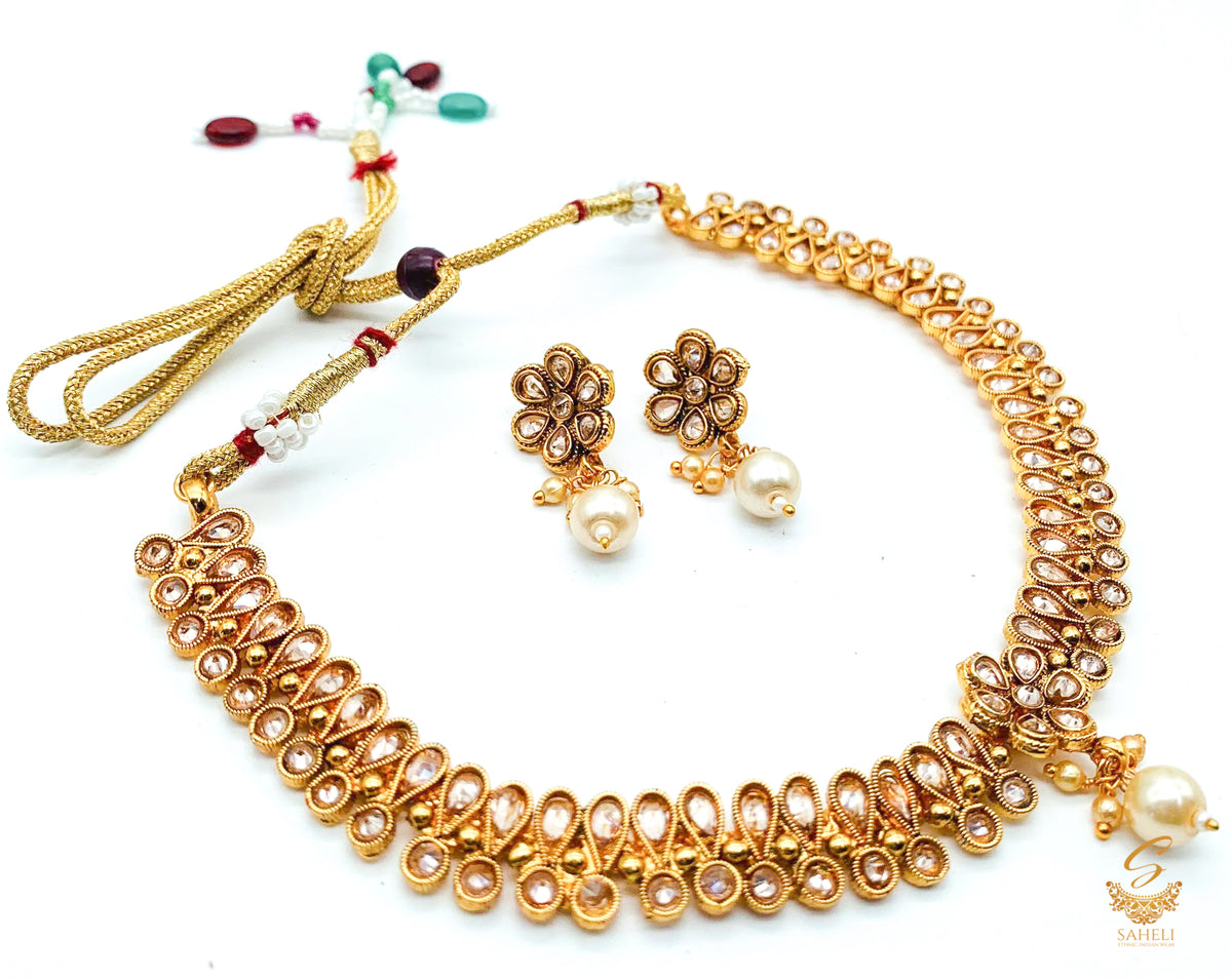 small size beautiful gold plated (artificial) necklace set with polki ...