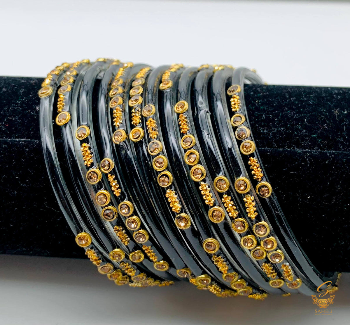 Black colour Hard glass Bangles with golden work 1 dozen– Saheli Ethnic ...