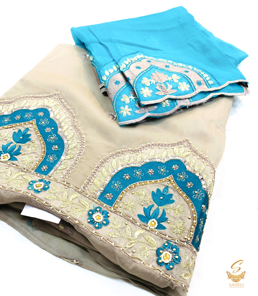 Dusty grey colour handwork embroidery kameez with contrast firozi bott ...