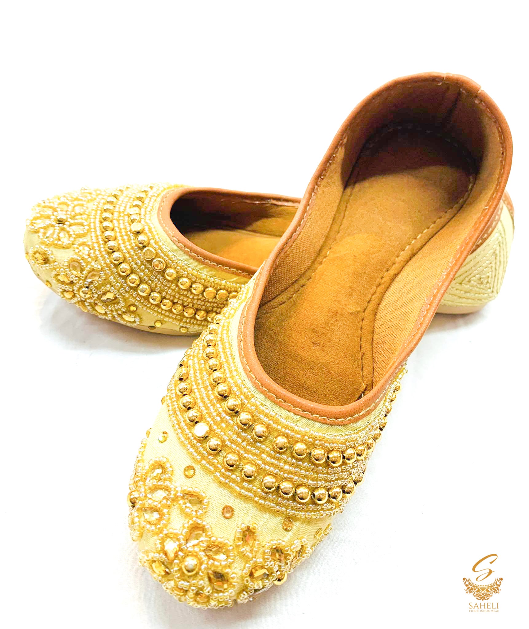Golden colour stone work & beaded moti work beautiful punjabi jutti ...