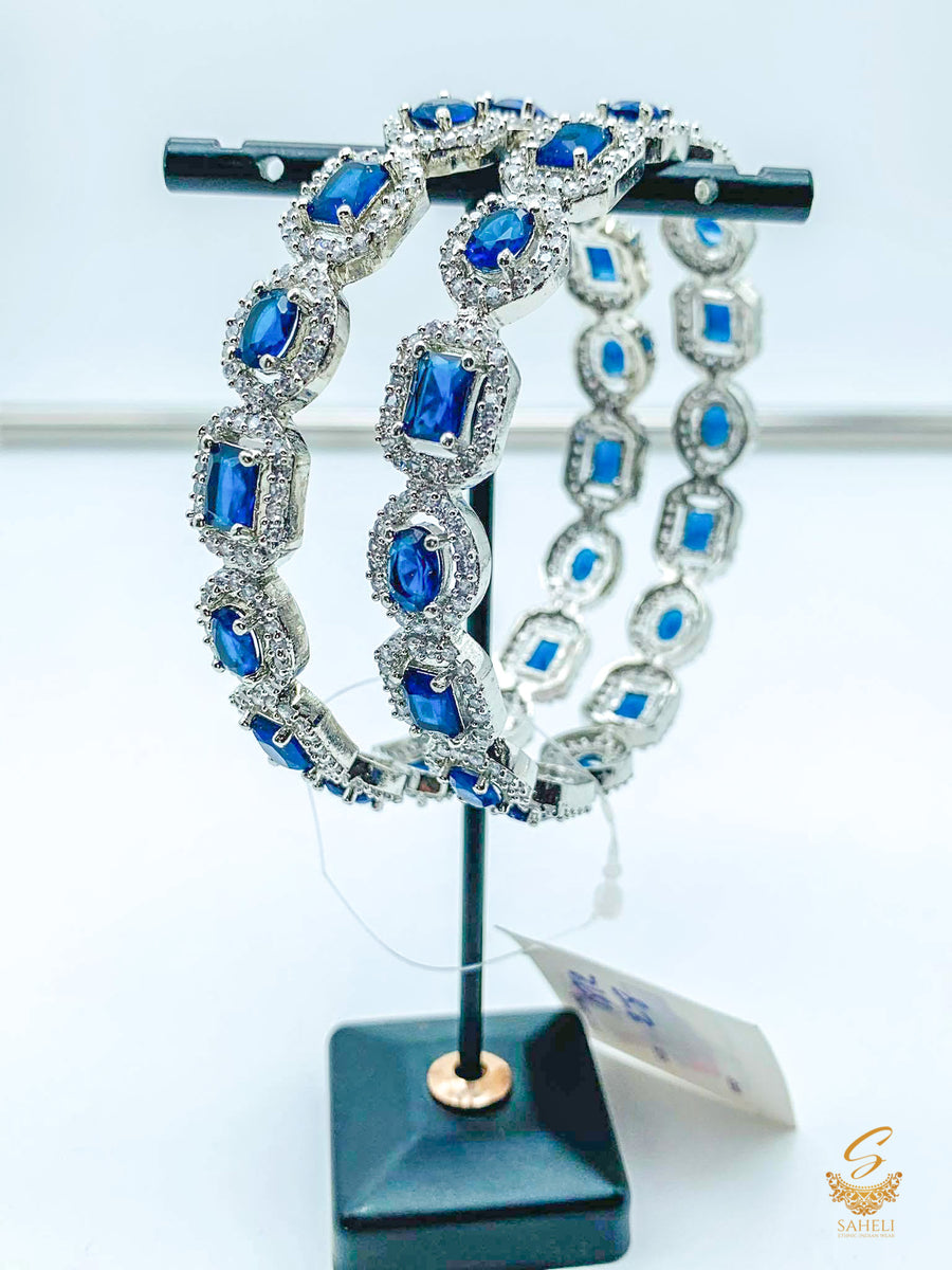 Silver and blue sapphire stone American Diamond Kade Set– Saheli Ethnic ...