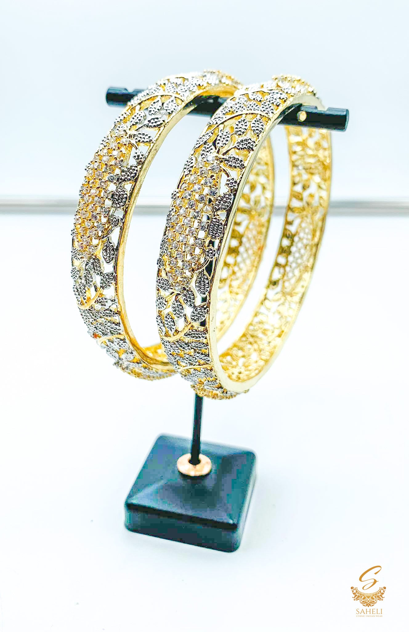 Golden and Silver stone American Diamond Kade Set– Saheli Ethnic Indian ...