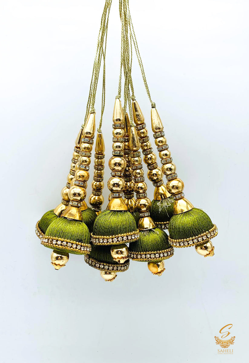 Henna Colour Thread Work Latkans With Golden Pearls ( in Pair)– Saheli ...