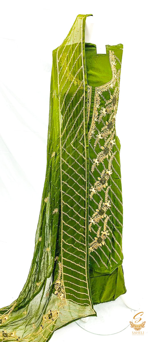 Henna Green colour Original chiffon based all over heavy hanwork kamee ...