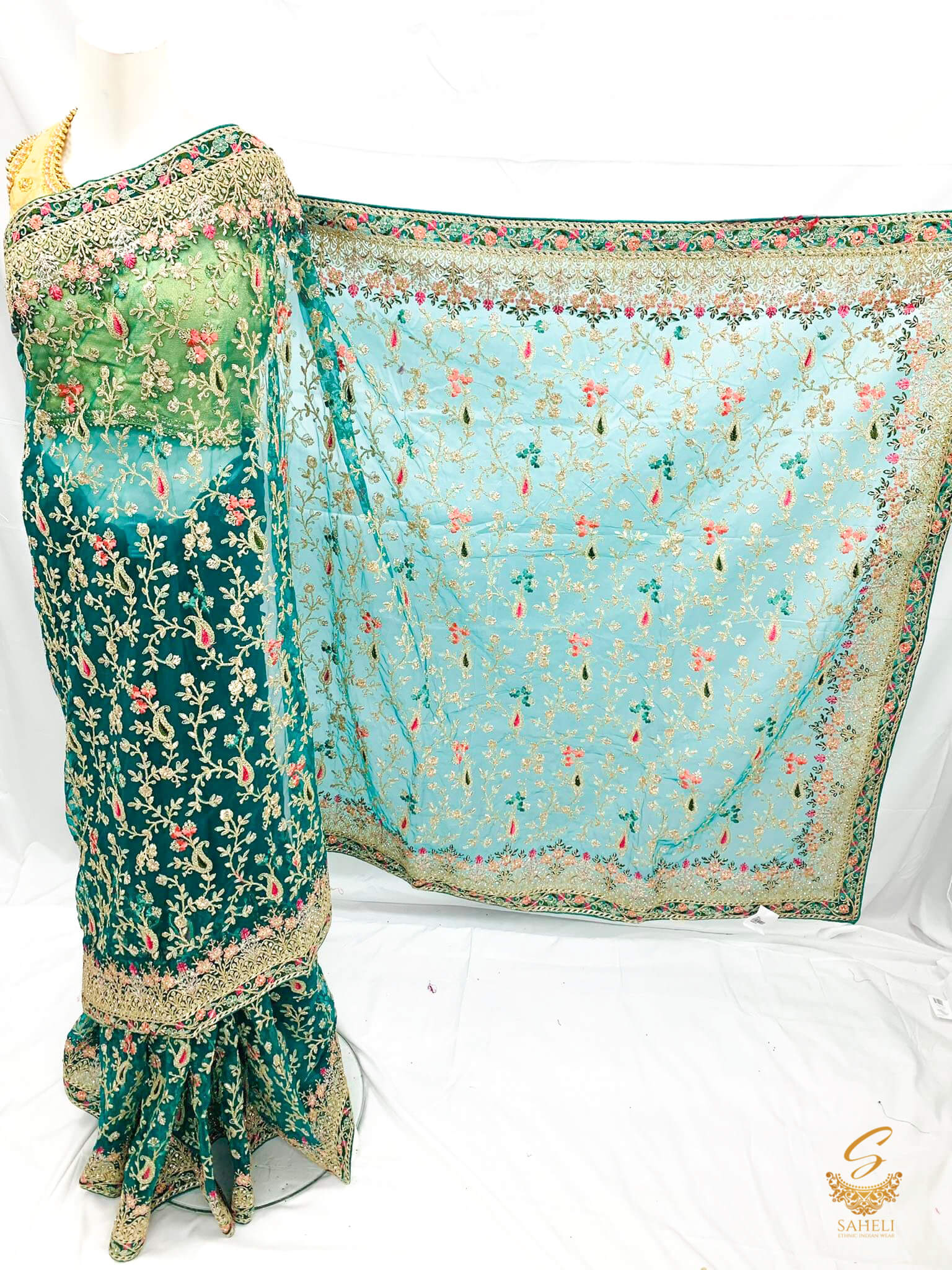 Green colour heavy stone work & embroidery jaal work beautiful netting ...