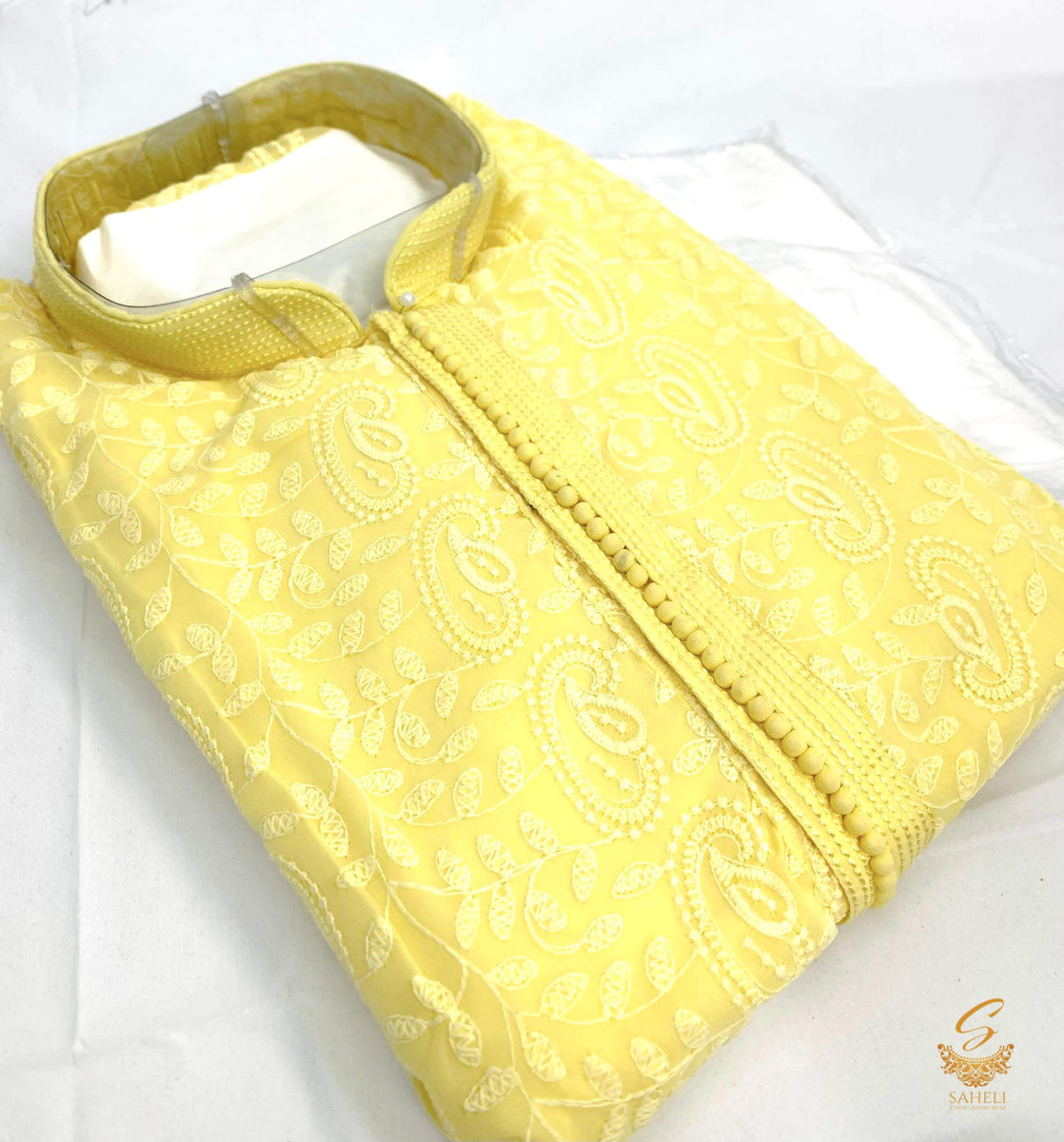 Yellow Colour Chikankari Work on Georgette Base Design with White Pent ...