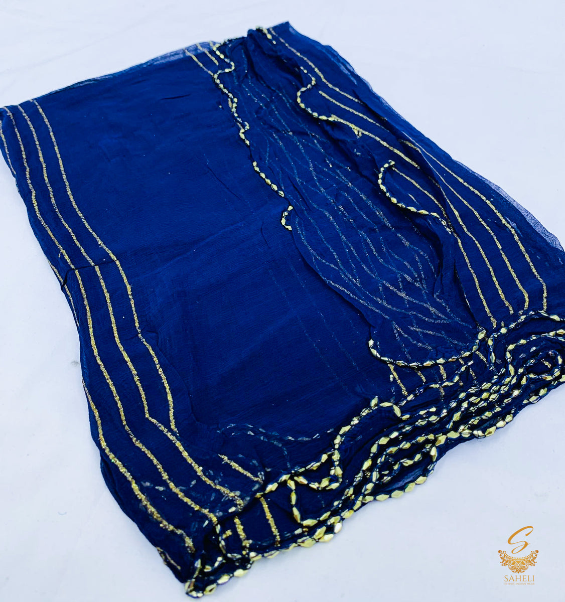 Peacock BLue colour pure chiffon golden work dupatta– Saheli Ethnic ...