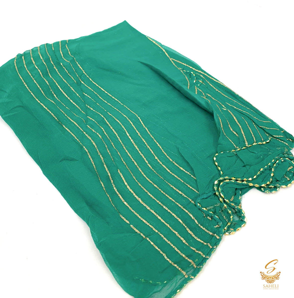 Green colour pure chiffon golden work dupatta– Saheli Ethnic Indian Wear