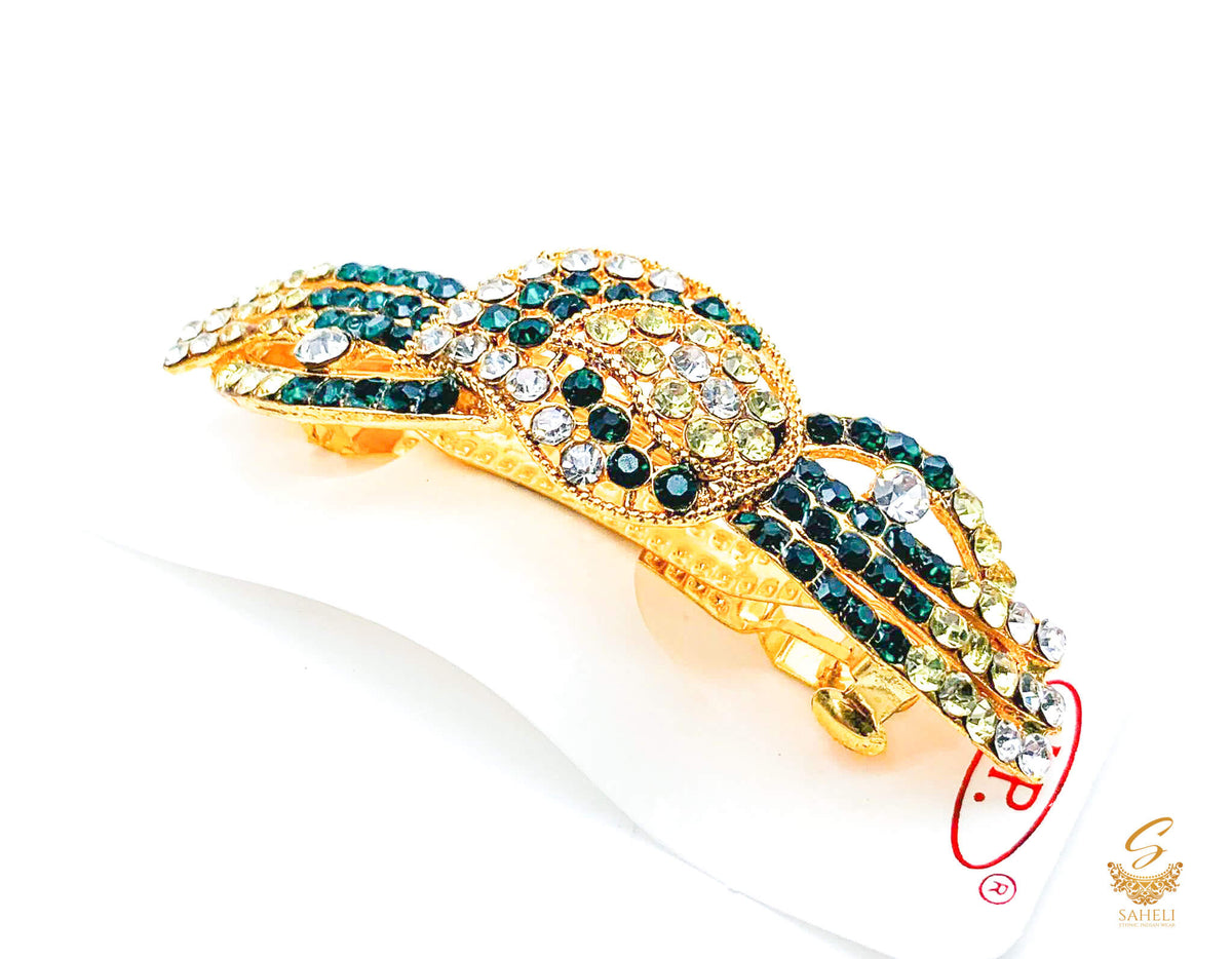 Deep Kai green & Silver colour jerkan stone beautiful hair clip– Saheli ...