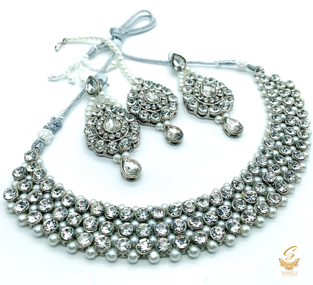 Silver stone with pearls beautiful necklace set– Saheli Ethnic Indian Wear