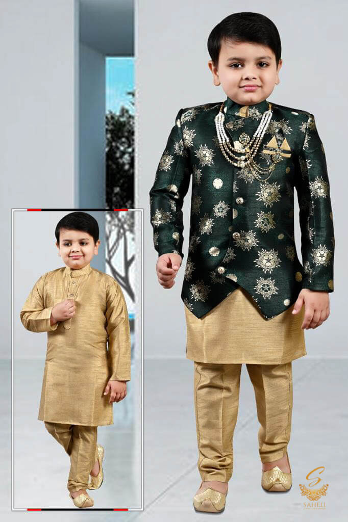 Deep Kai Green Colour Brocade Silk Based embroidery Kids Indo Western ...
